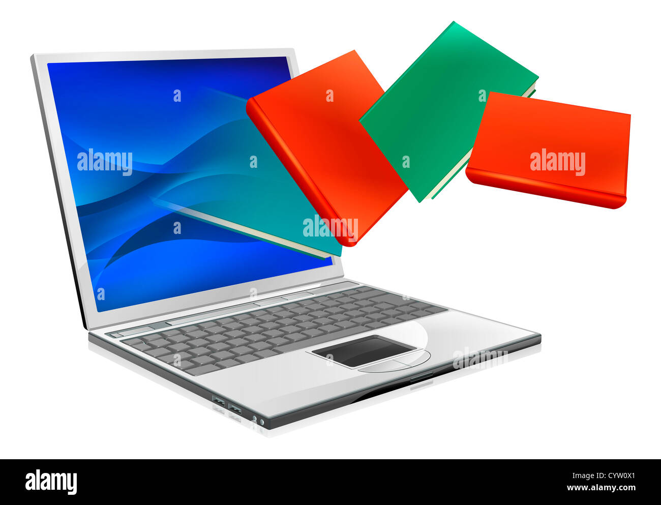 Laptop computer with books flying out of screen. Online education or ...