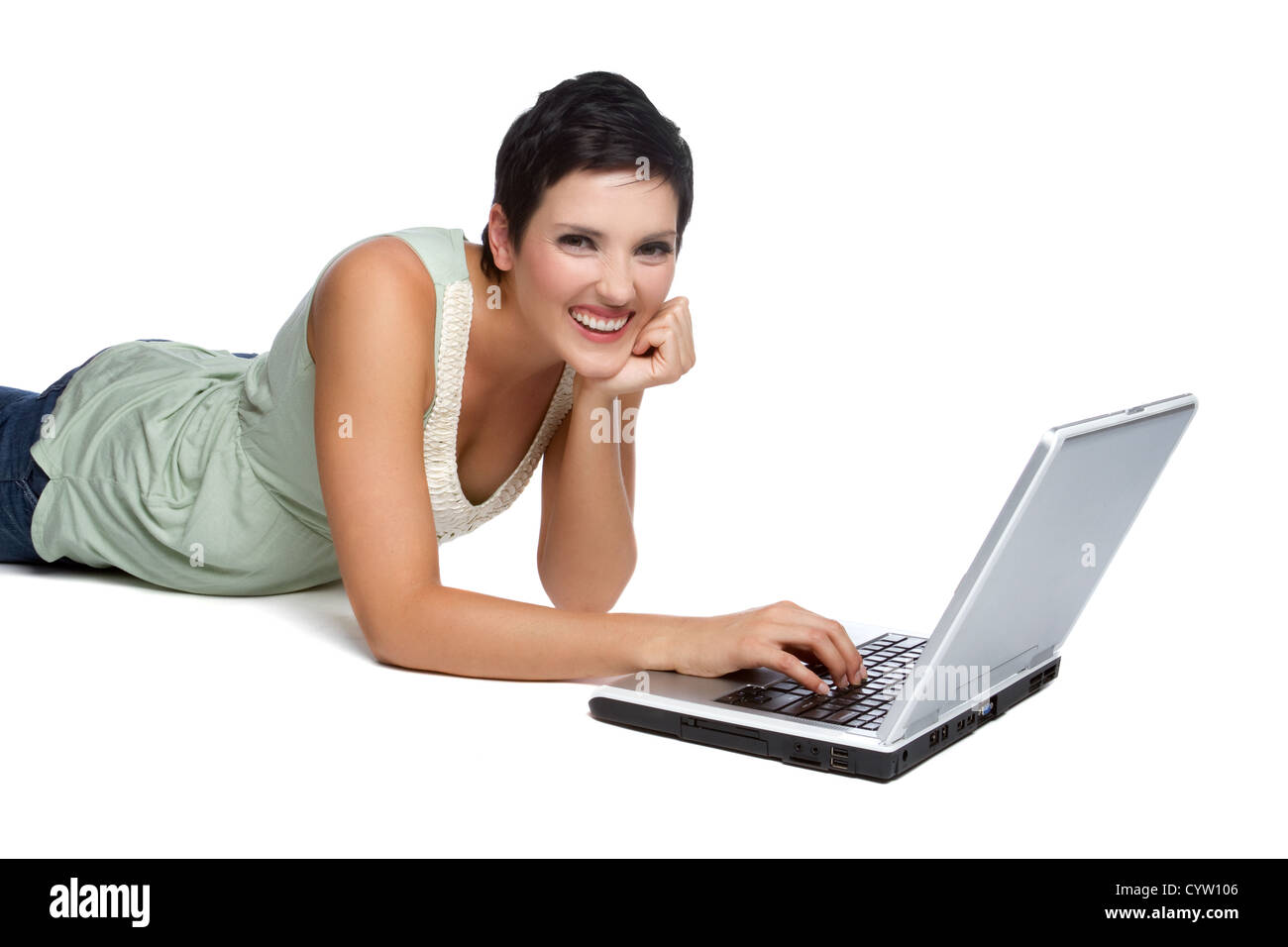 Smiling isolated laptop computer woman Stock Photo - Alamy