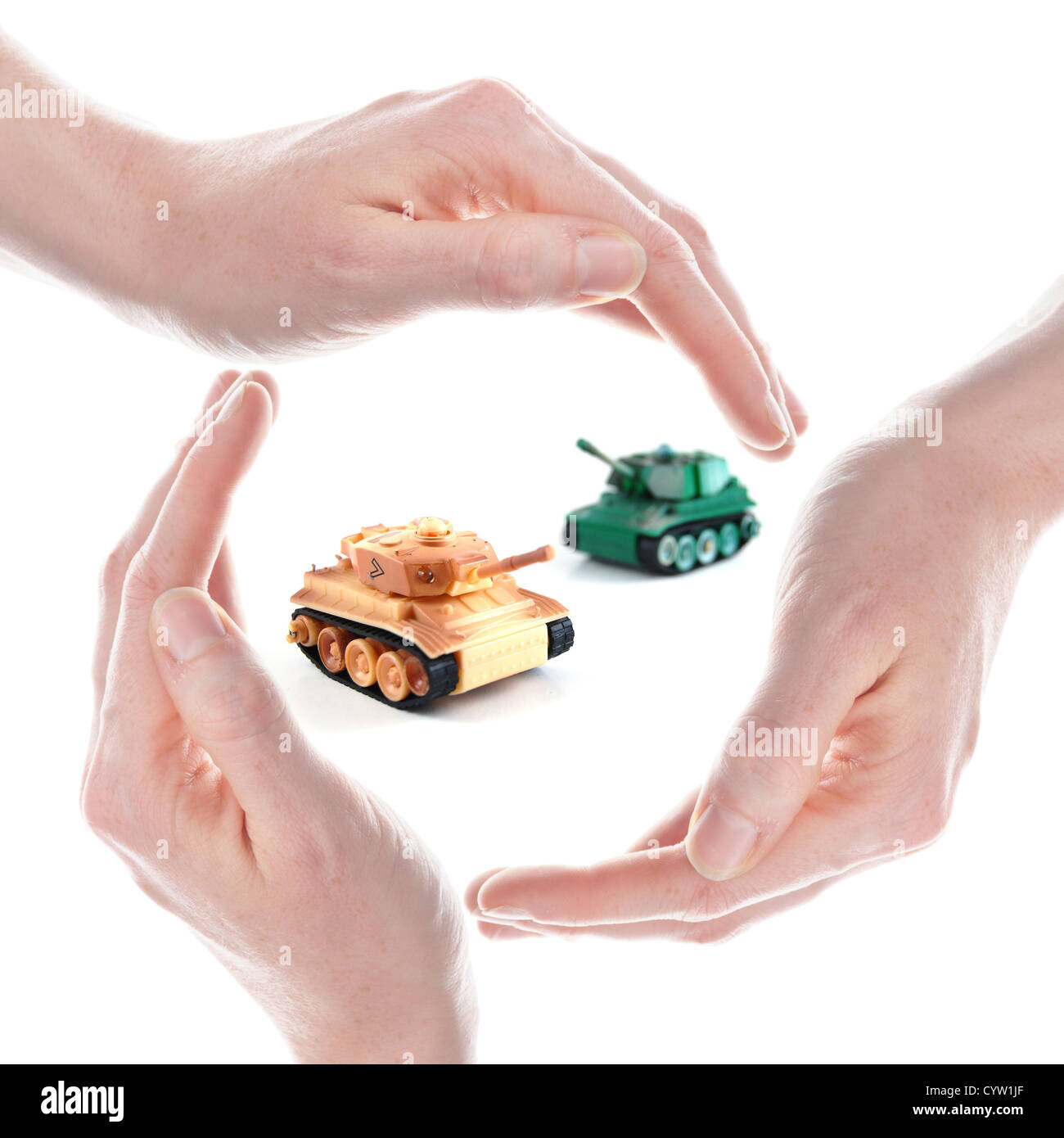 peace concept with toy tank and hand isolated on white background Stock ...