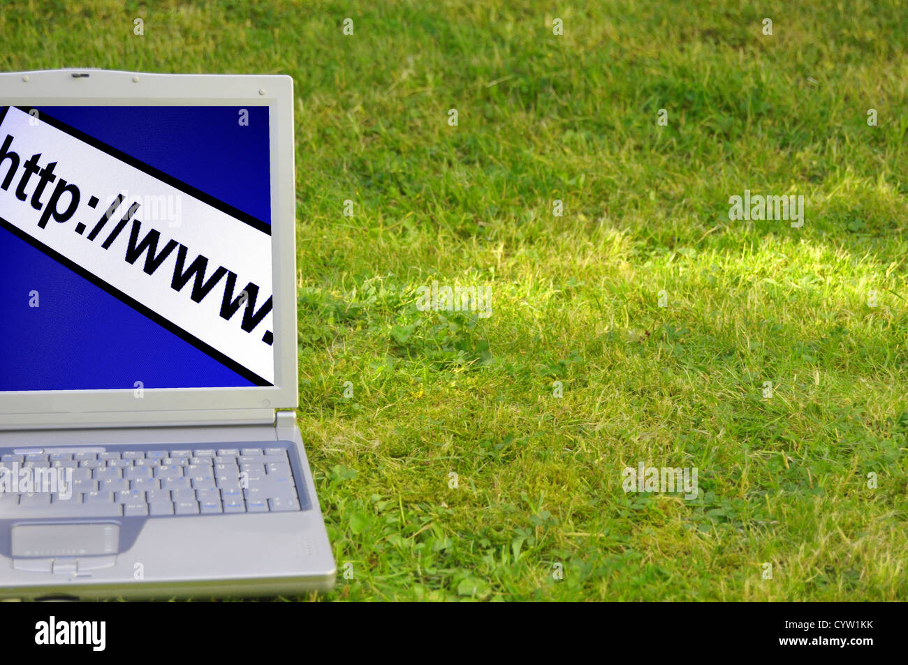 internet www or online concept with laptop in green grass Stock Photo ...