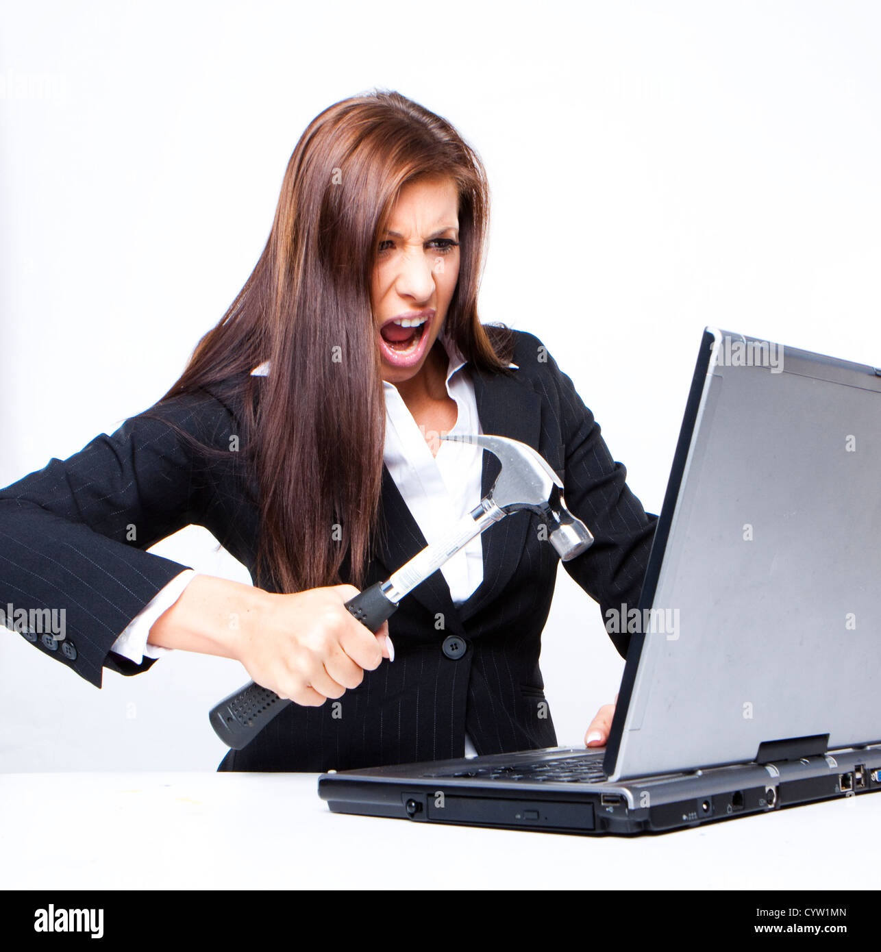 Woman computer problem hammer laptop hi-res stock photography and ...
