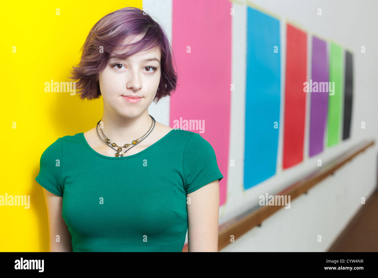 Cute modern and urban looking girl on multi-coloured background Stock ...