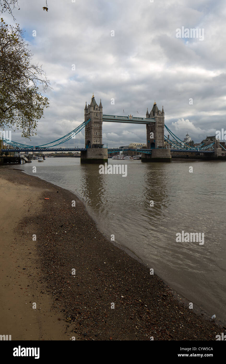 Tower Bridge during the day with big clouds and copy space Stock Photo ...