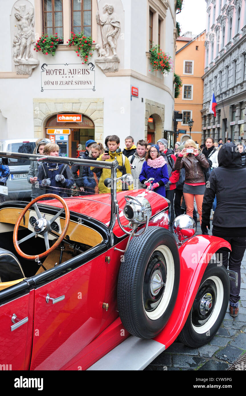 Prague, Czech Republic. Children photographing Vintage 'Praga' car in ...