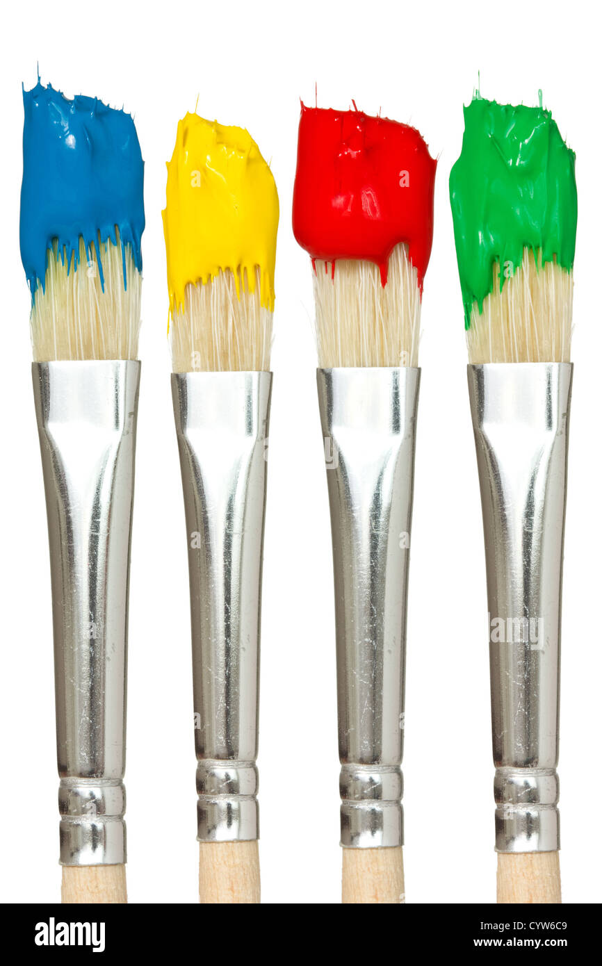 Four paintbrushes with color paints. Isolated on white background Stock ...