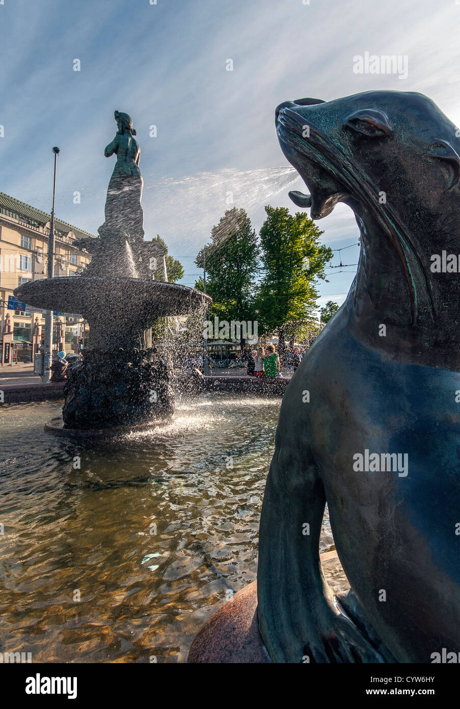 Fountain in Helsinki market square next to the main harbour in Finland ...