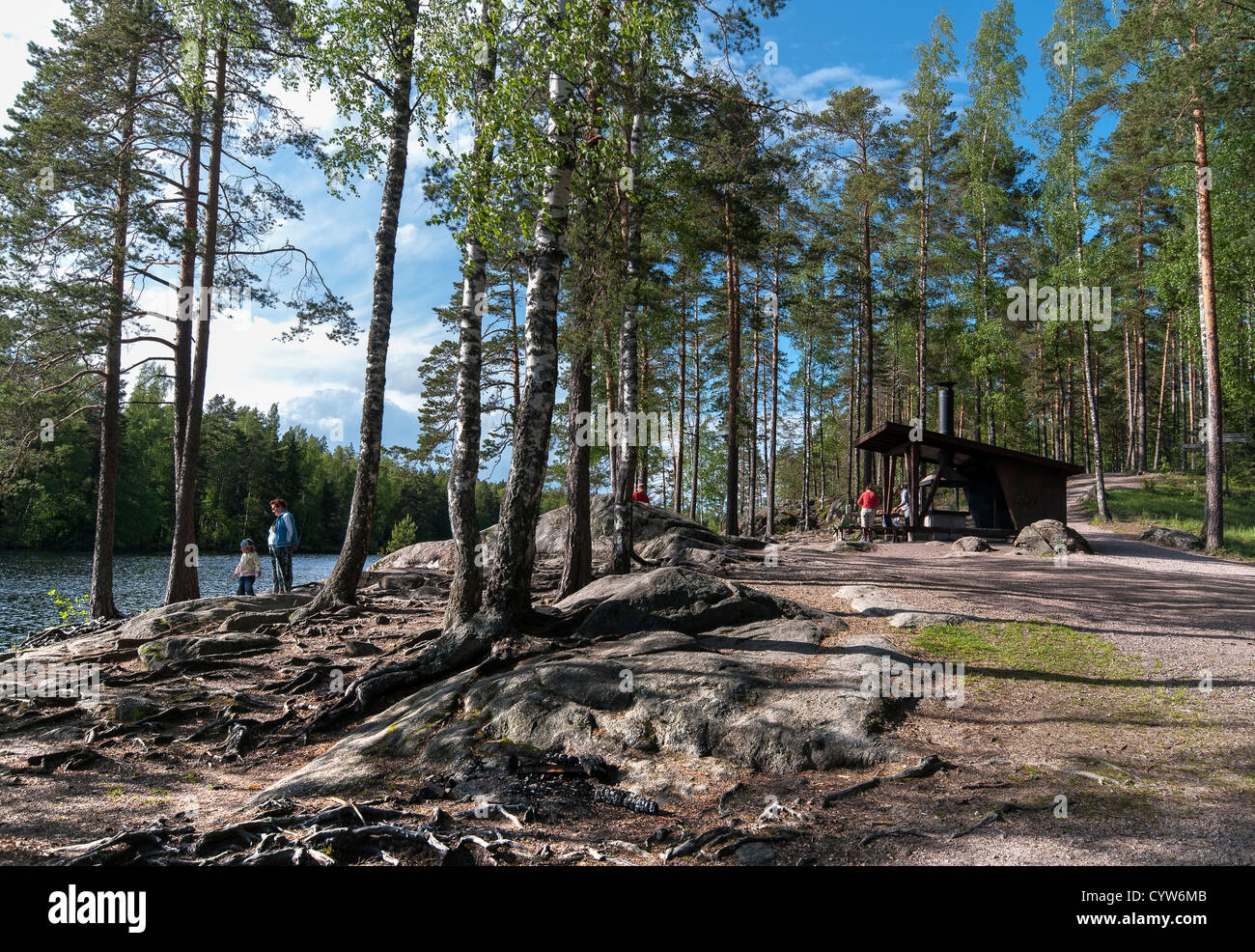 Barbecue area next to lake on the outskirts of Helsinki in Finland ...