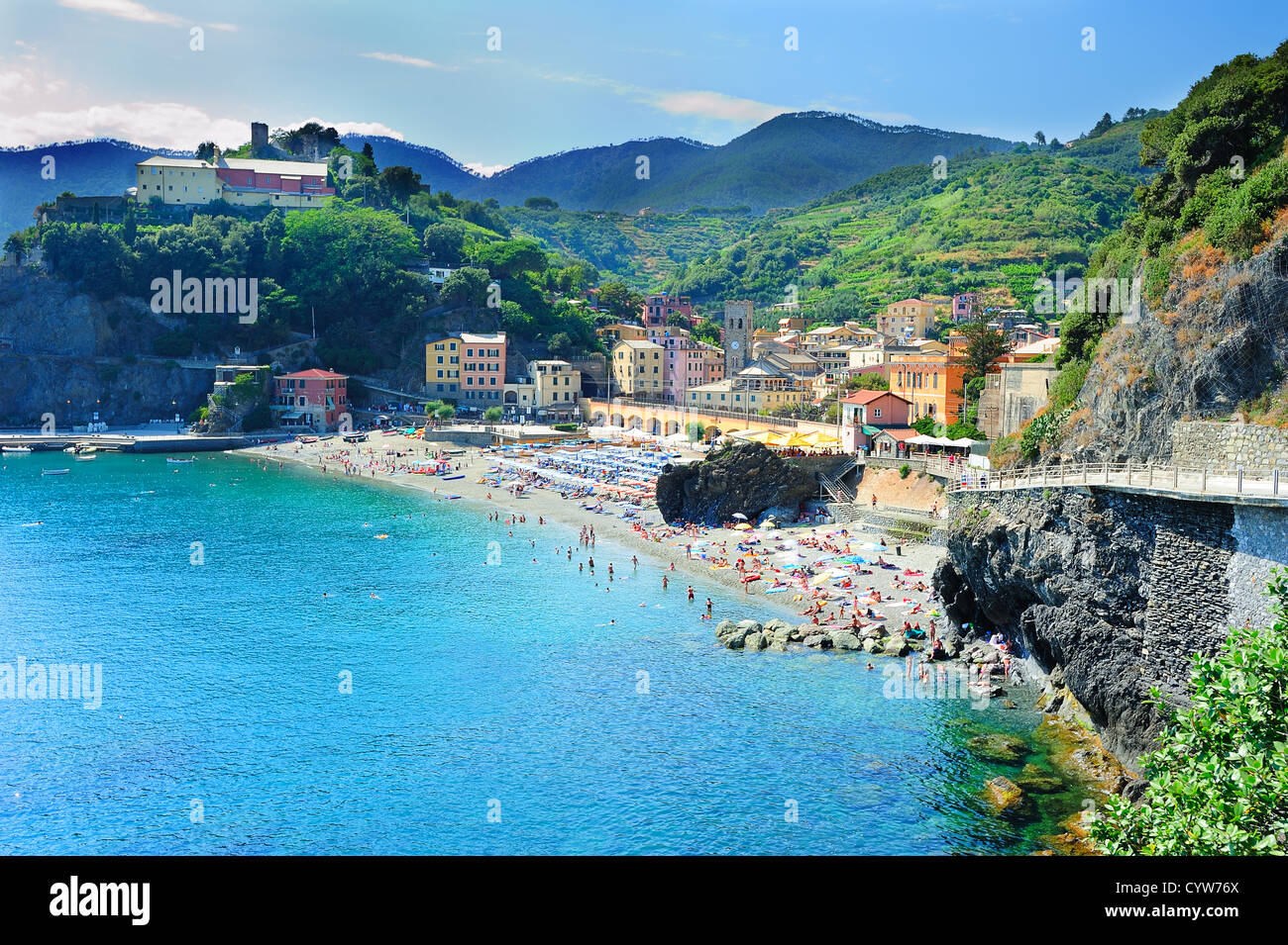 Picturesque scenery with beach in Monterosso al Mare (Cinque Terre ...