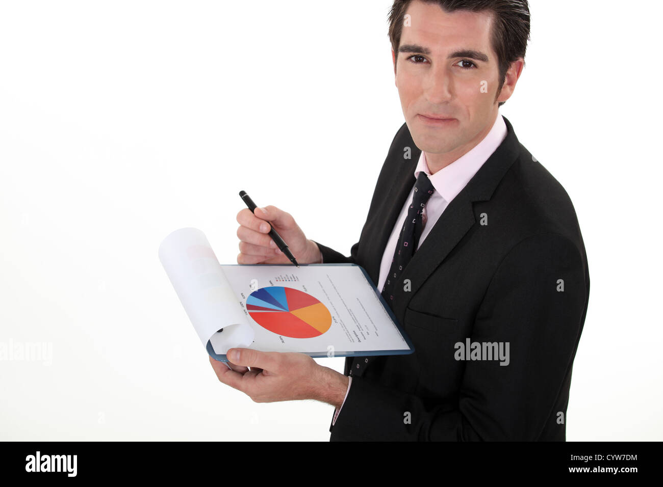 Man holding pie-chart and pen Stock Photo - Alamy