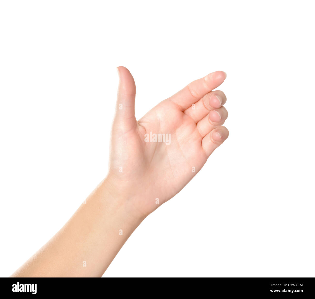 Female hand holding virtual mobile phone gesture. Isolated on white ...