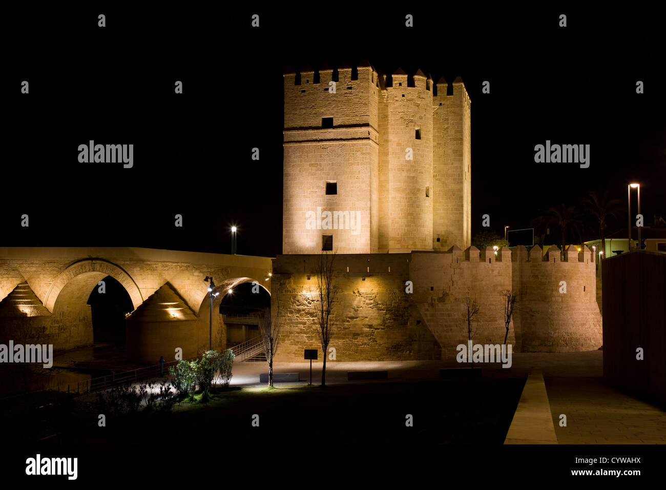 Calahorra Tower fortification and part of the Roman Bridge illuminated ...