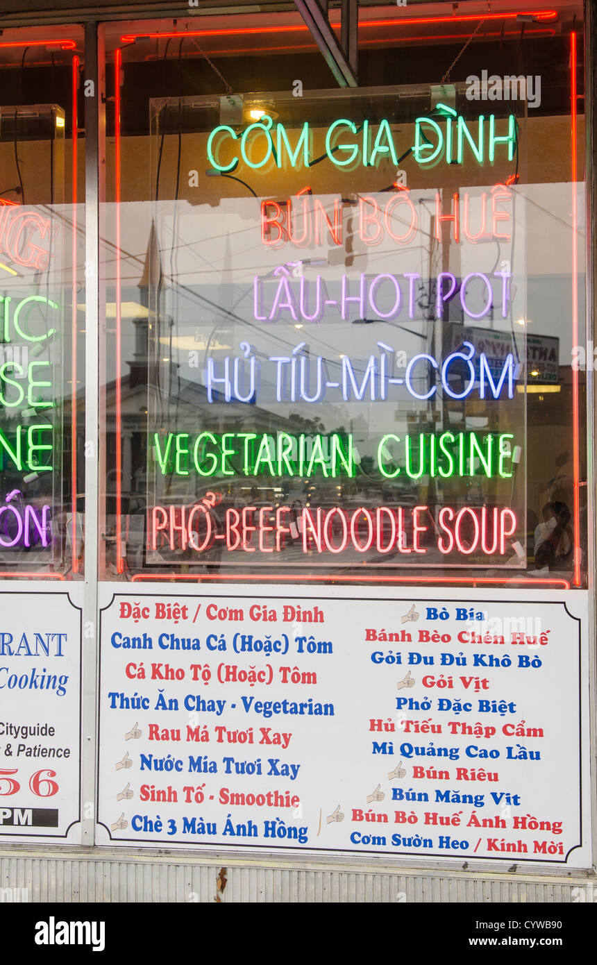 Neon menu in window of NH Hong Vietnamese restaurant in Little Vietnam ...
