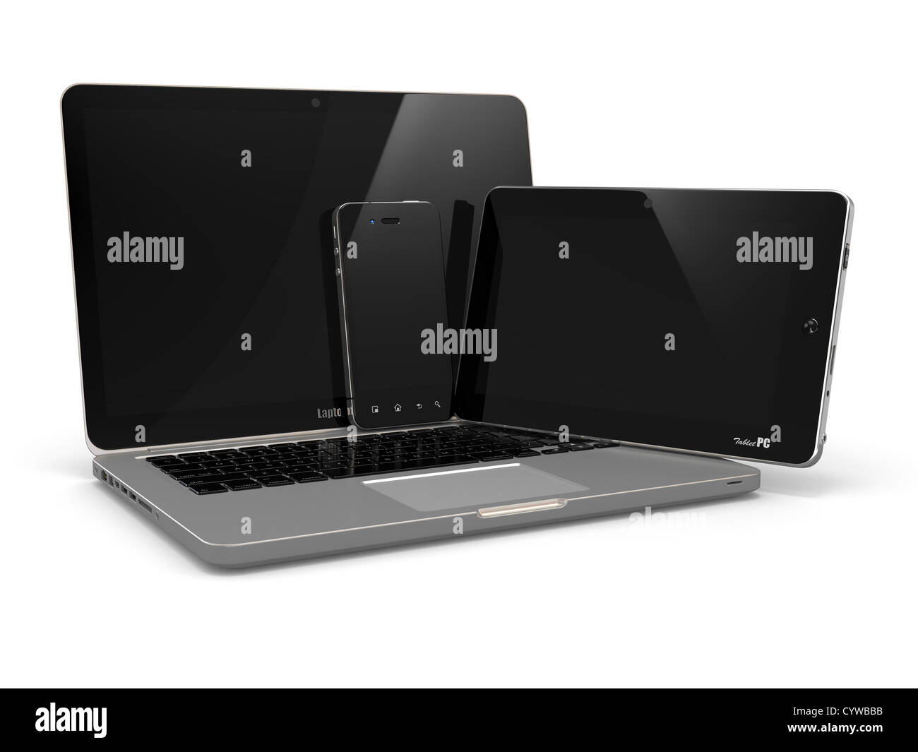 Mobility devices. Laptop, tablet pc and mobile phone. 3d Stock Photo ...