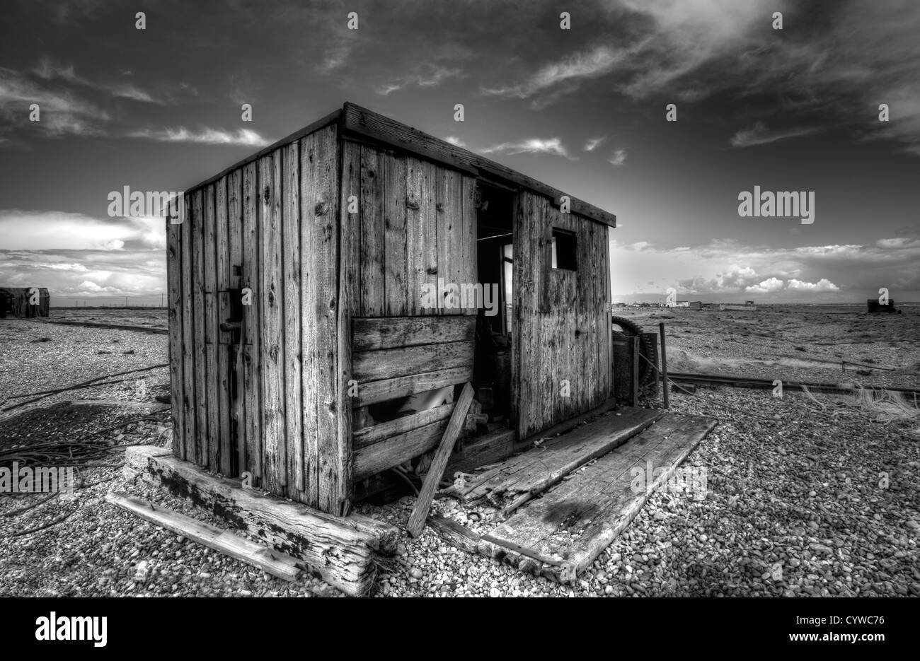 An abandoned Winch Shed on the shingle beach at Dungeness Stock Photo ...