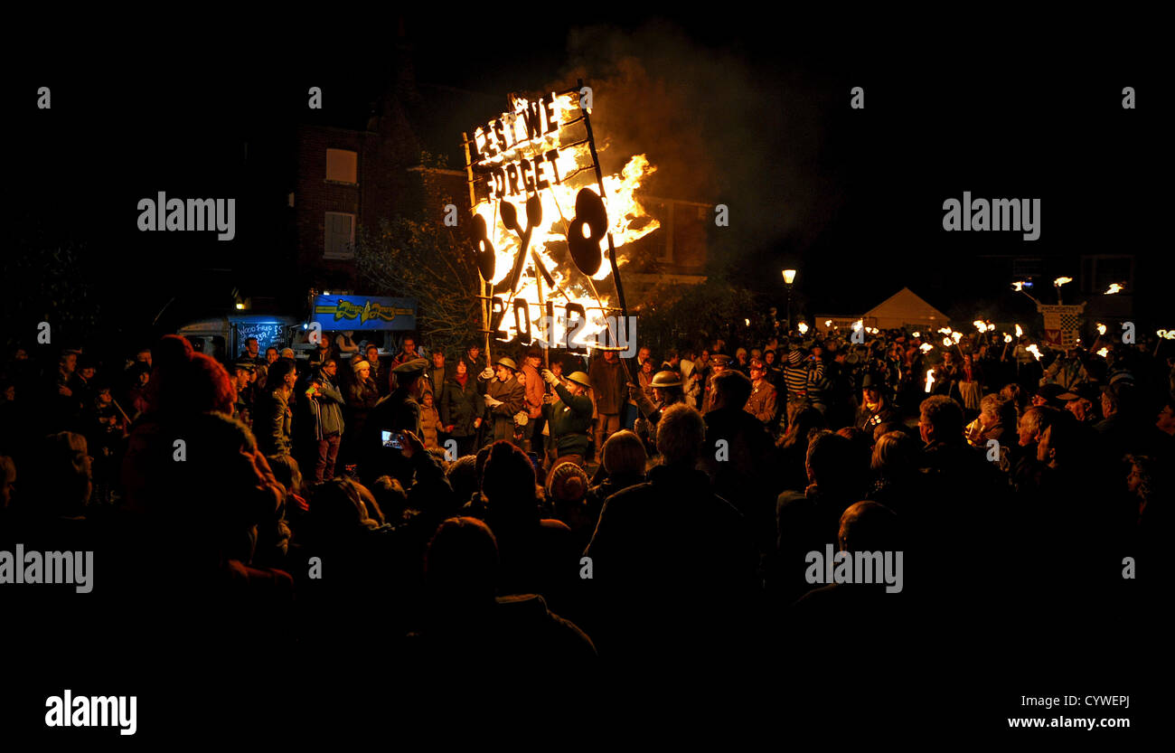 Bonfire procession for Remembrance. Thousands of spectators line the ...