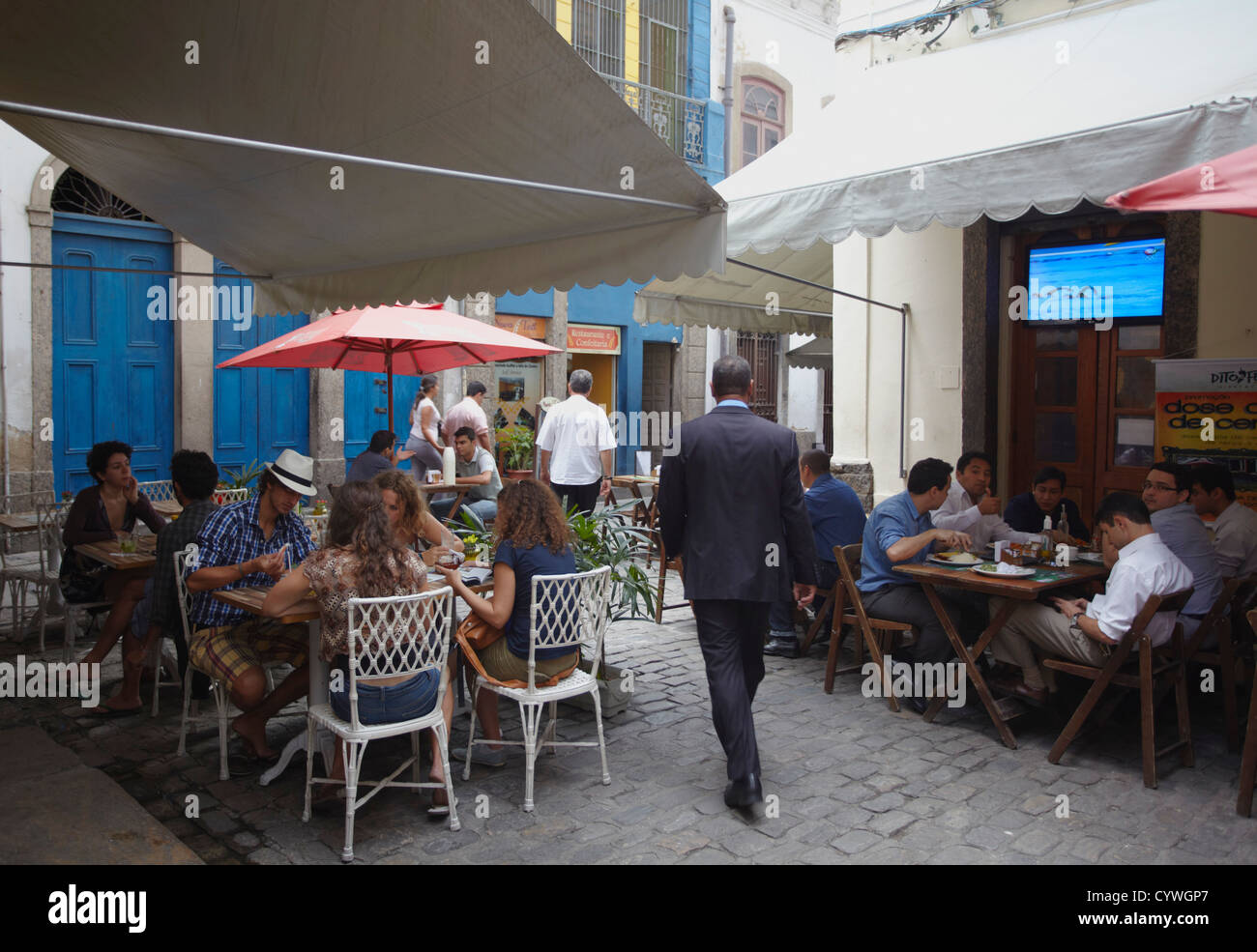 People eating at restaurants along Travessa do Comercio, Centro, Rio de ...