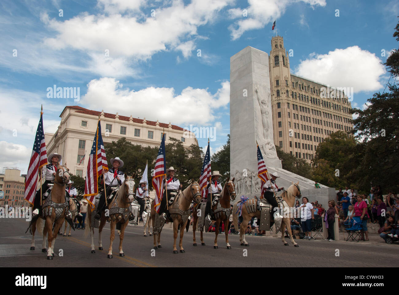 10 November 2012 San Antonio, Texas, USA - A mounted color guard rides ...