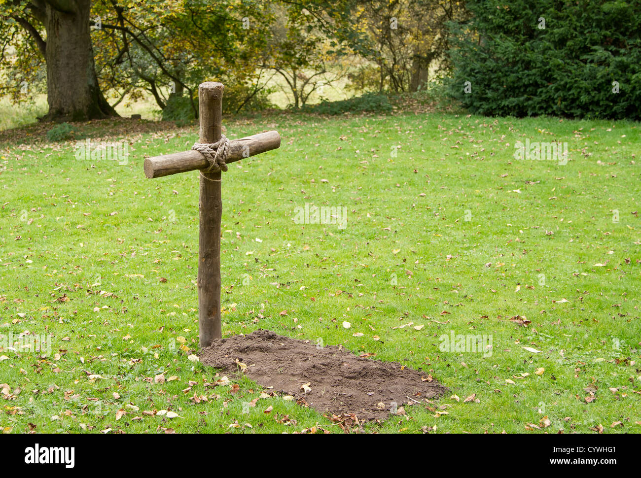 Single grave with wooden cross in grass field Stock Photo - Alamy