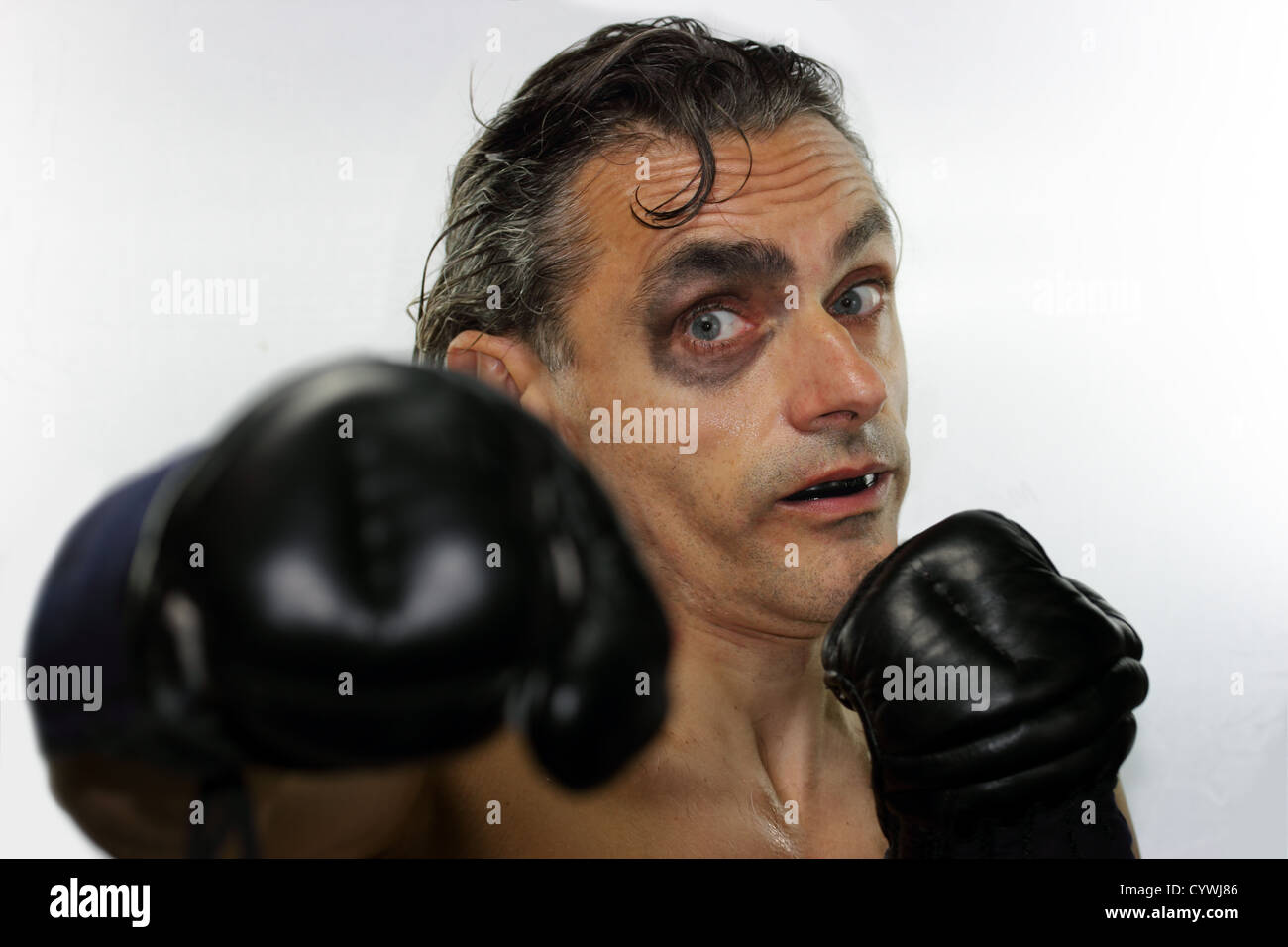 Funny boxer man with black eye on white background Stock Photo - Alamy