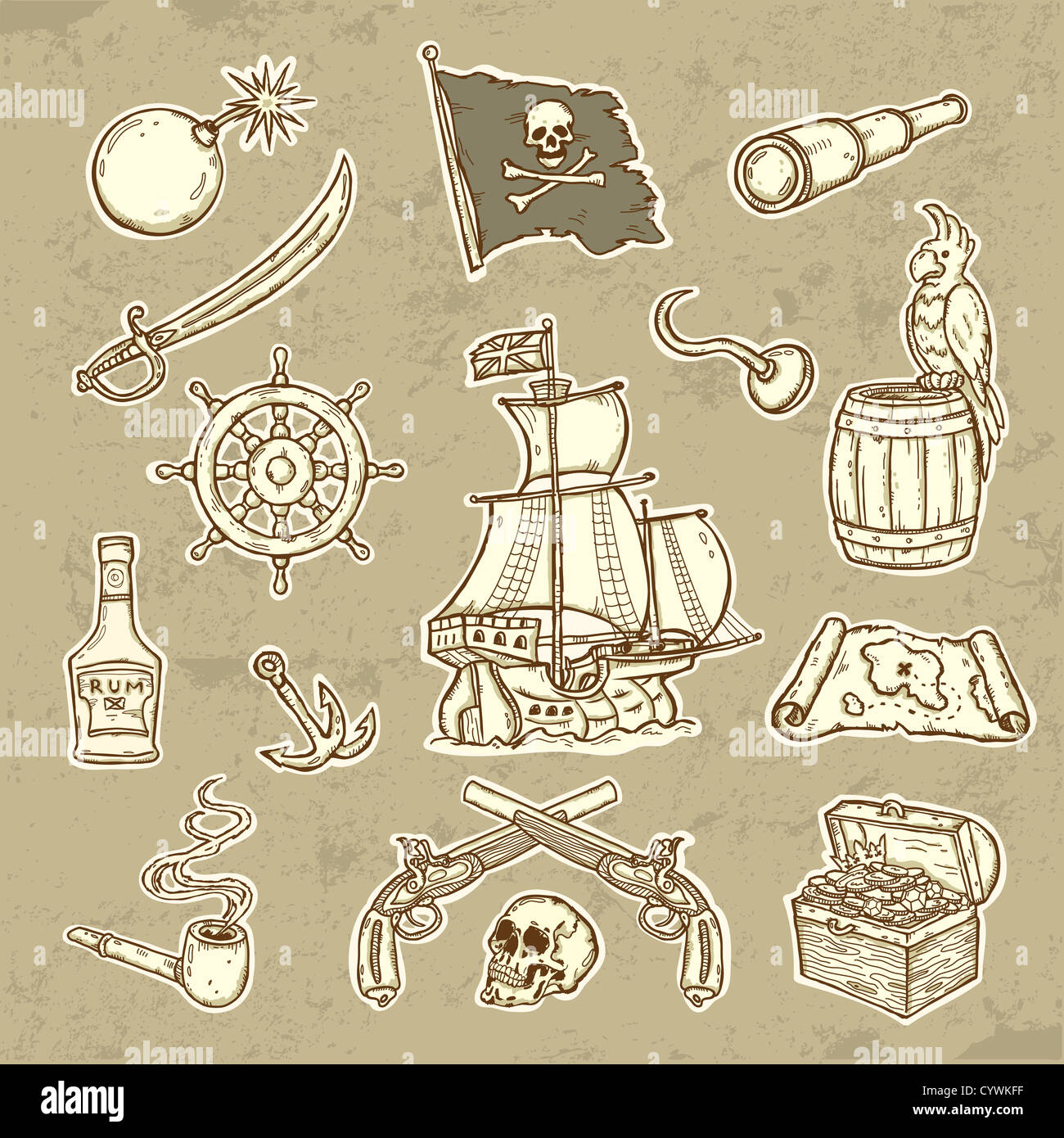 Beautifull llustration of Pirates set Icons in grunge style Stock Photo ...