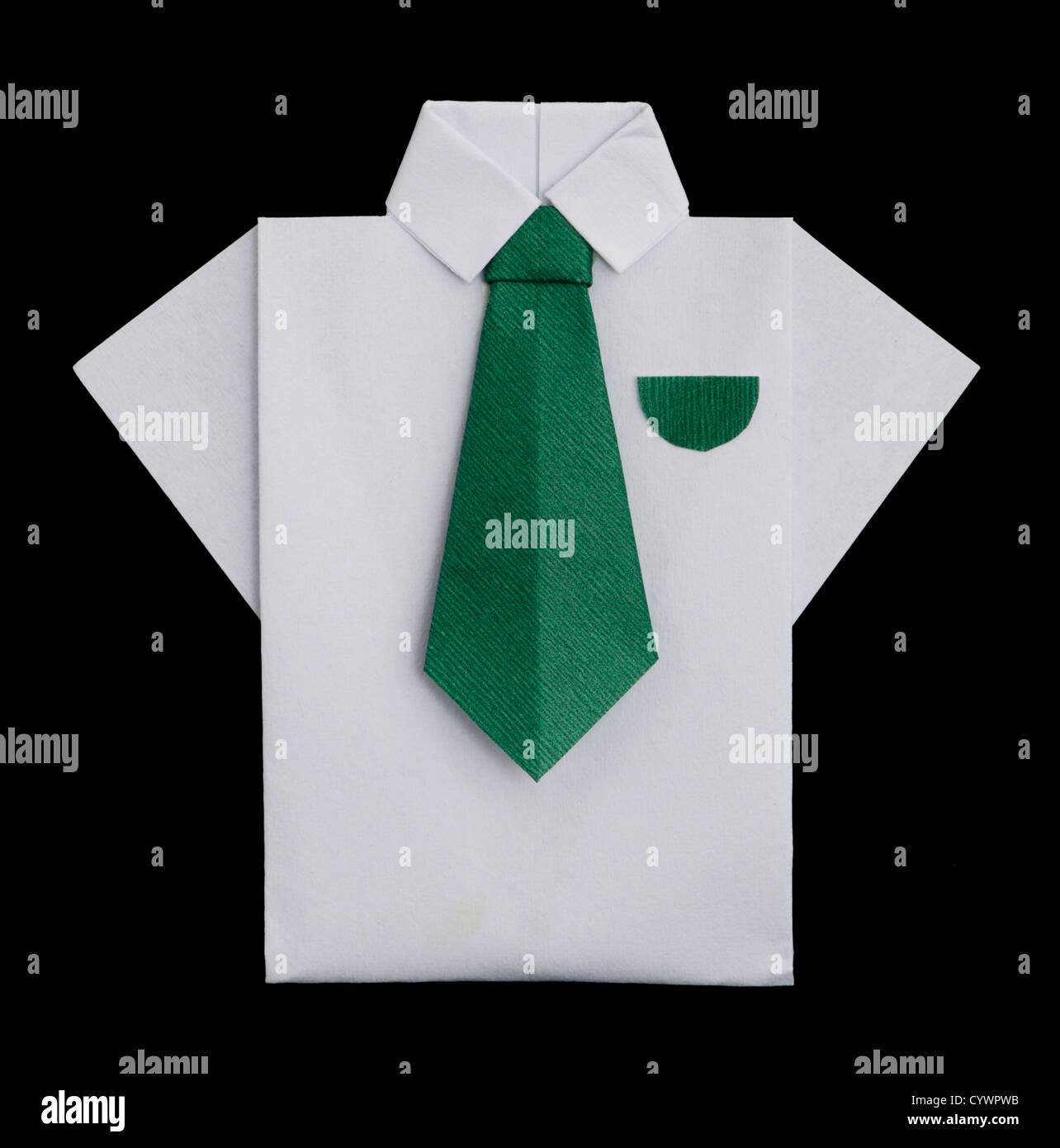 Isolated paper made white shirt with green tie.Folded origami style ...