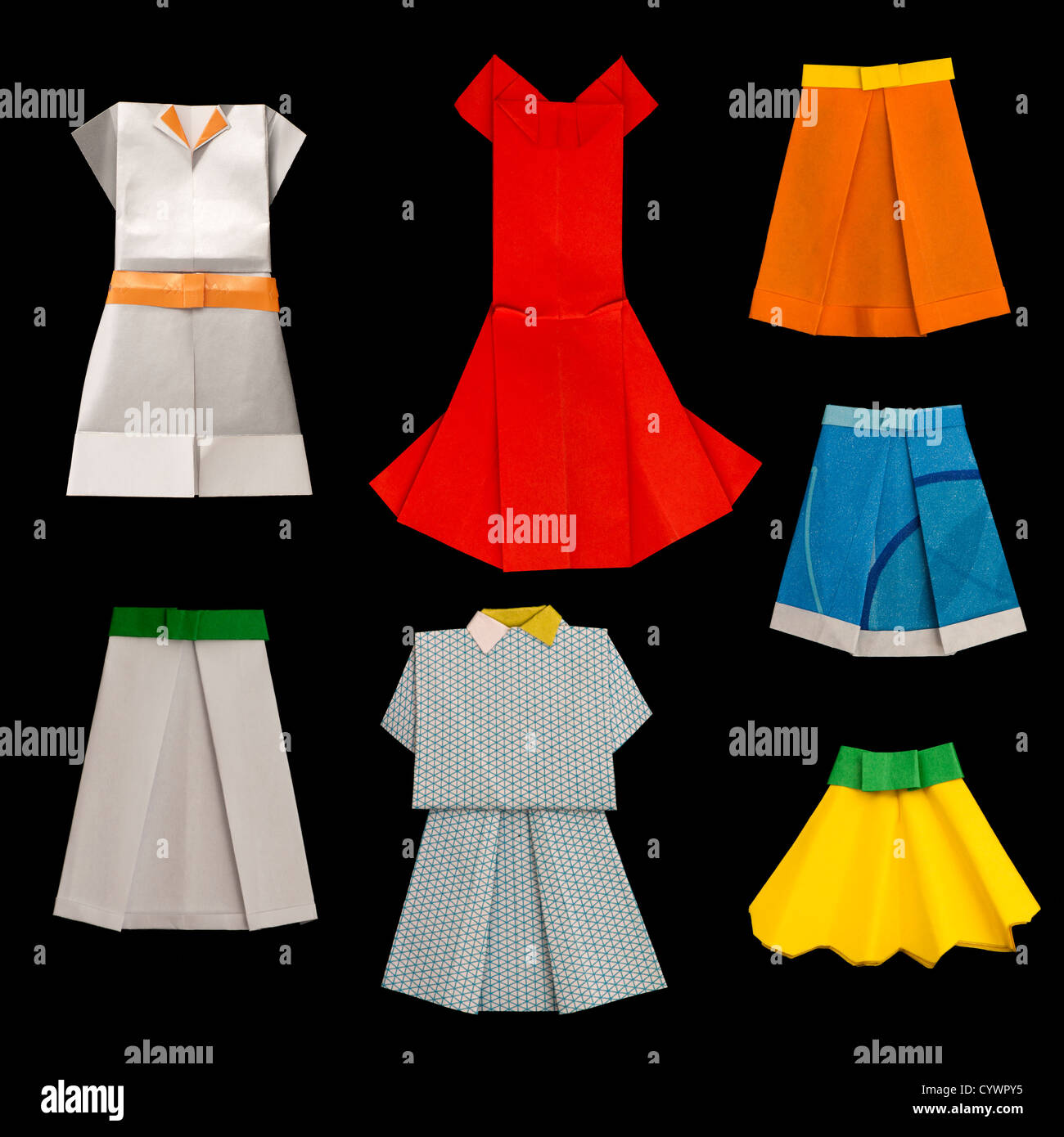 Set of Dresses and Skirts made of paper. Isolated origami Stock Photo ...