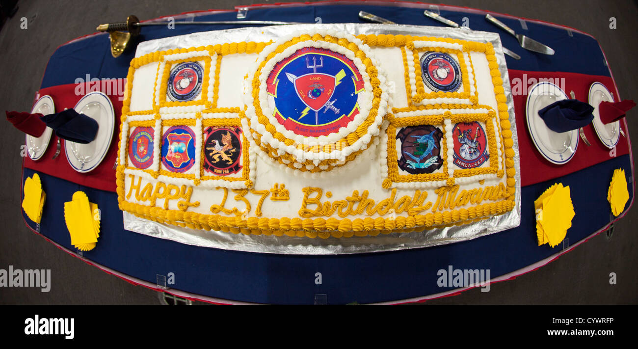 A birthday cake sits on the table during the U.S. Marine Corps birthday ...