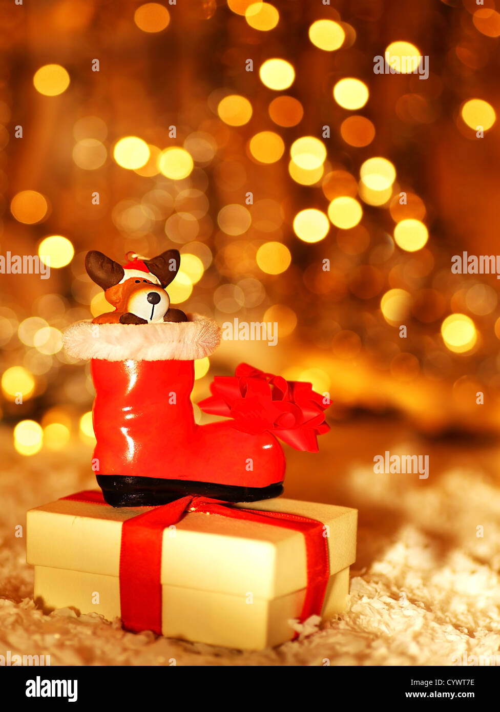 Holiday background with cute Santa boot Christmas tree decorative ...