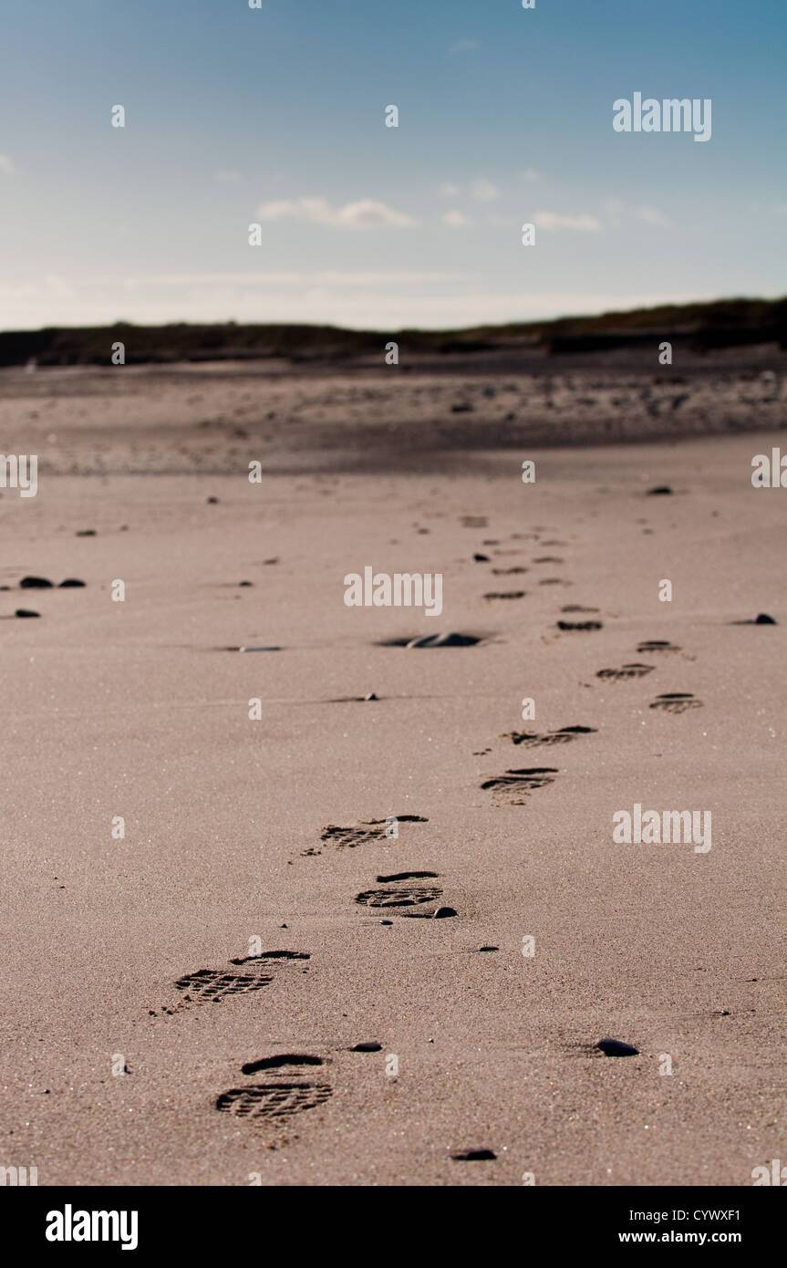 Boot footprints stretch across an otherwise untouched beach Stock Photo ...