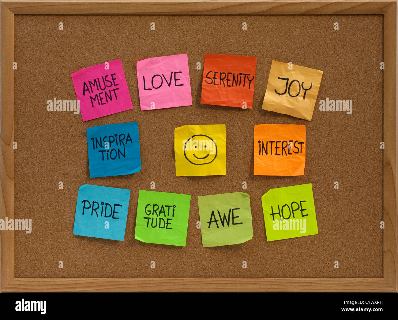 positive emotions concept - color sticky notes around smiley on cork ...