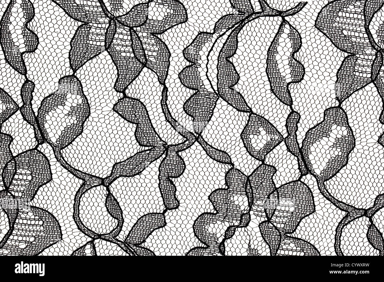 pattern of black lace fabric with floral motif against white background ...