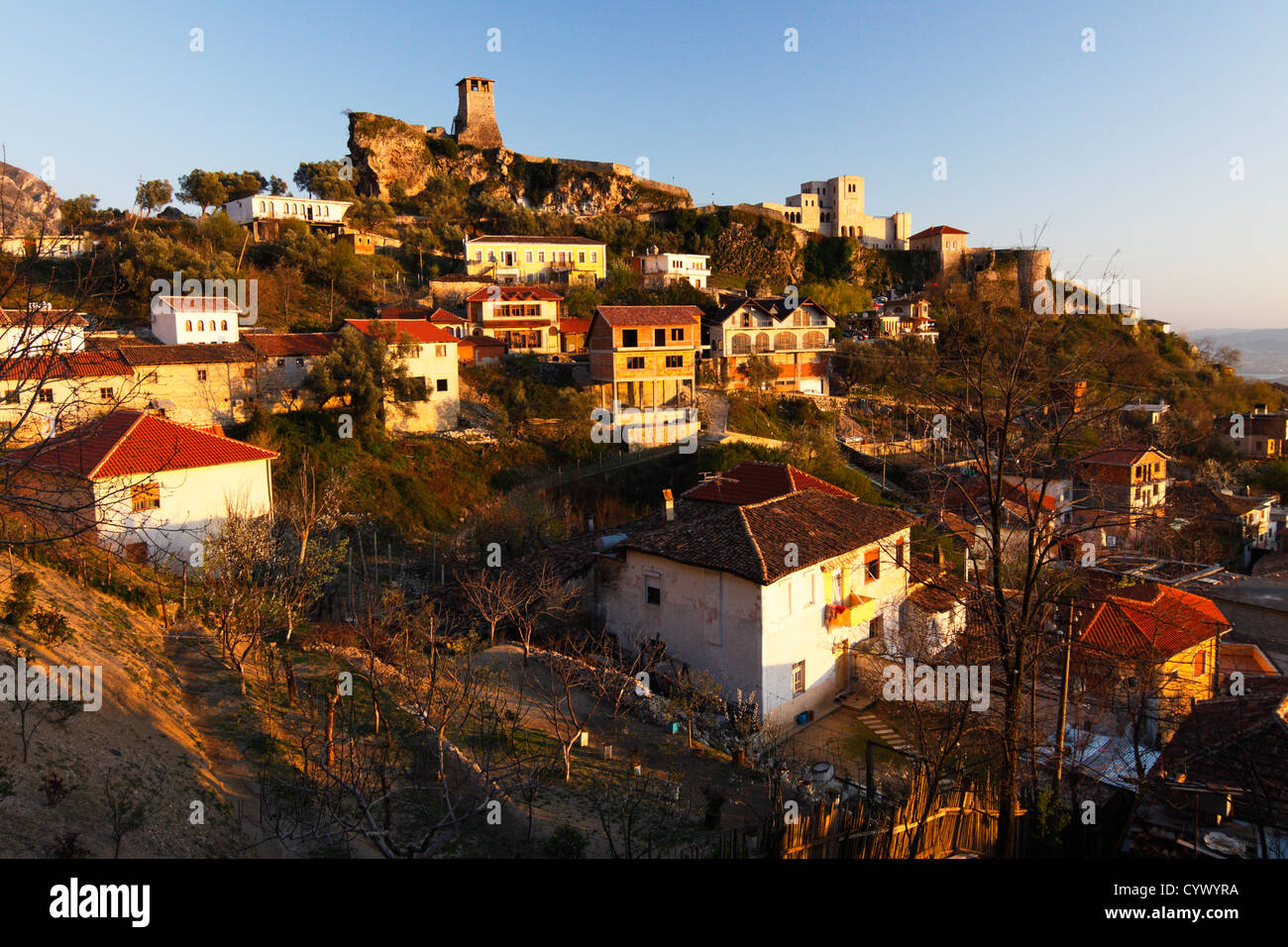 Castle and Skanderbeg museum in sunset light. Kruja, Albania Stock ...