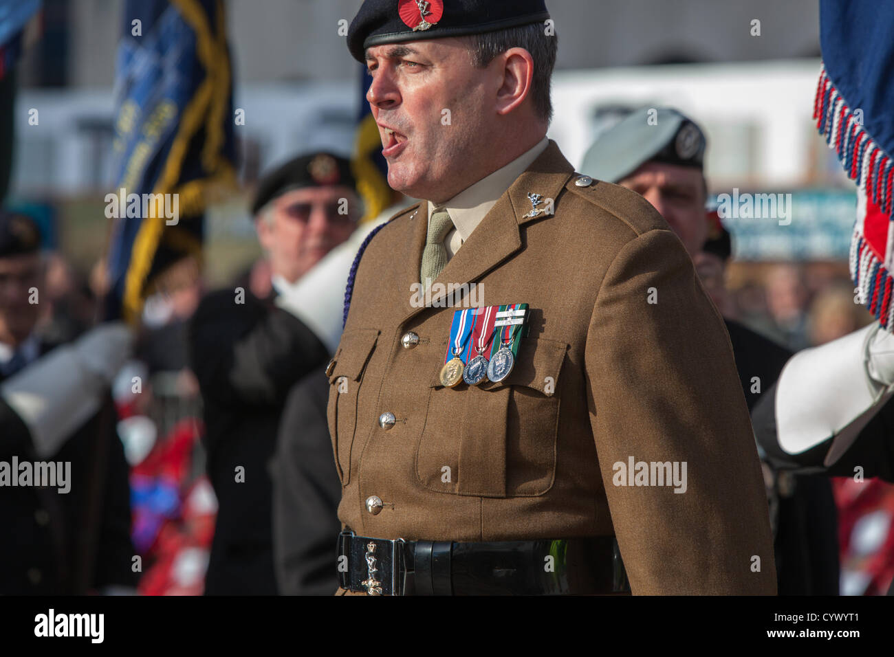 Officer issuing commands during Remembrance Parade Birmingham Stock ...
