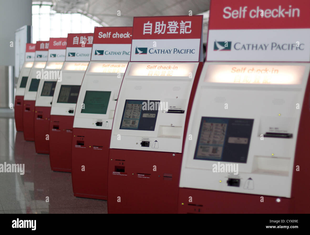 Cathay Pacific self check-in kiosks with focus on Chinese Stock Photo ...