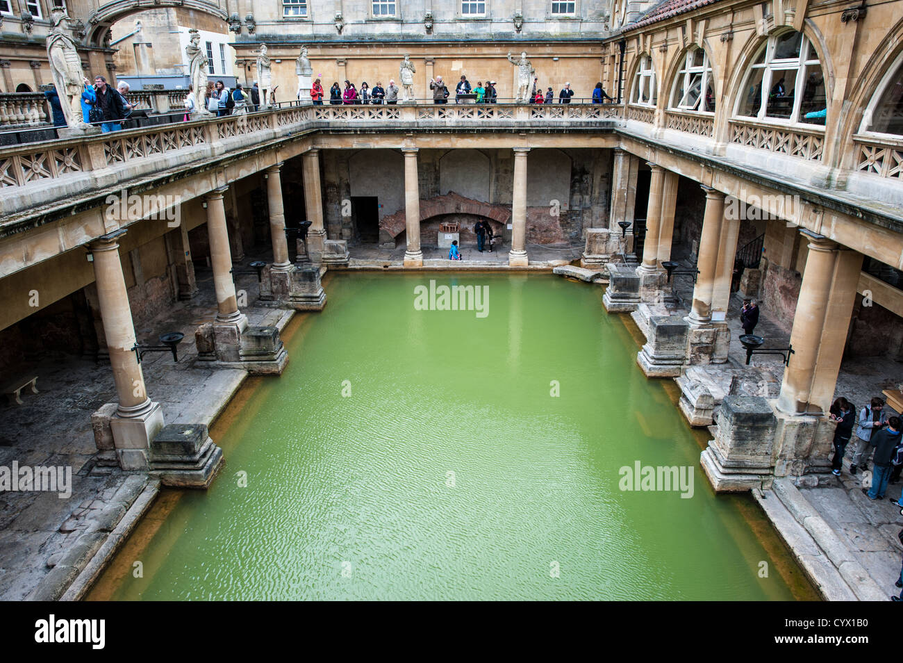 A wide-angle and elevated view of the main historic Roman Baths in Bath ...