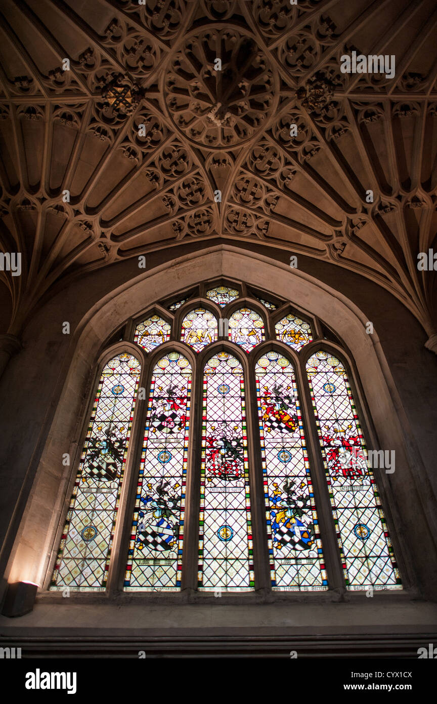BATH, UK - One of several ornate stained glass windows under an equally ...