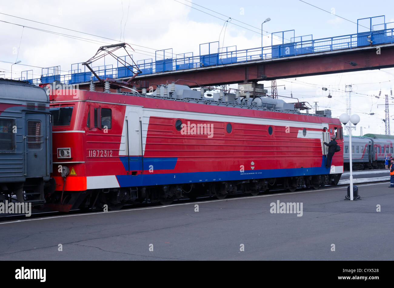 Electric Locomotive on Trans Siberian train at railway station, Trans ...