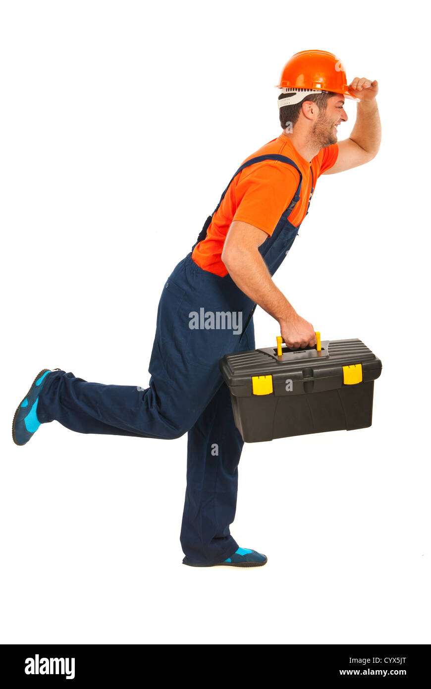 Running workman holding tool box isolated on white background Stock ...
