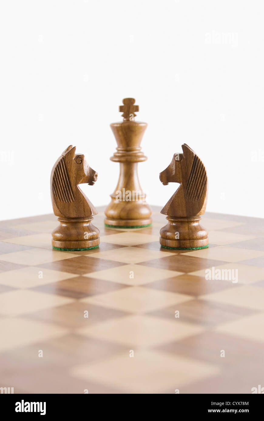 Close-up of chess knights face to face with a chess king on a ...