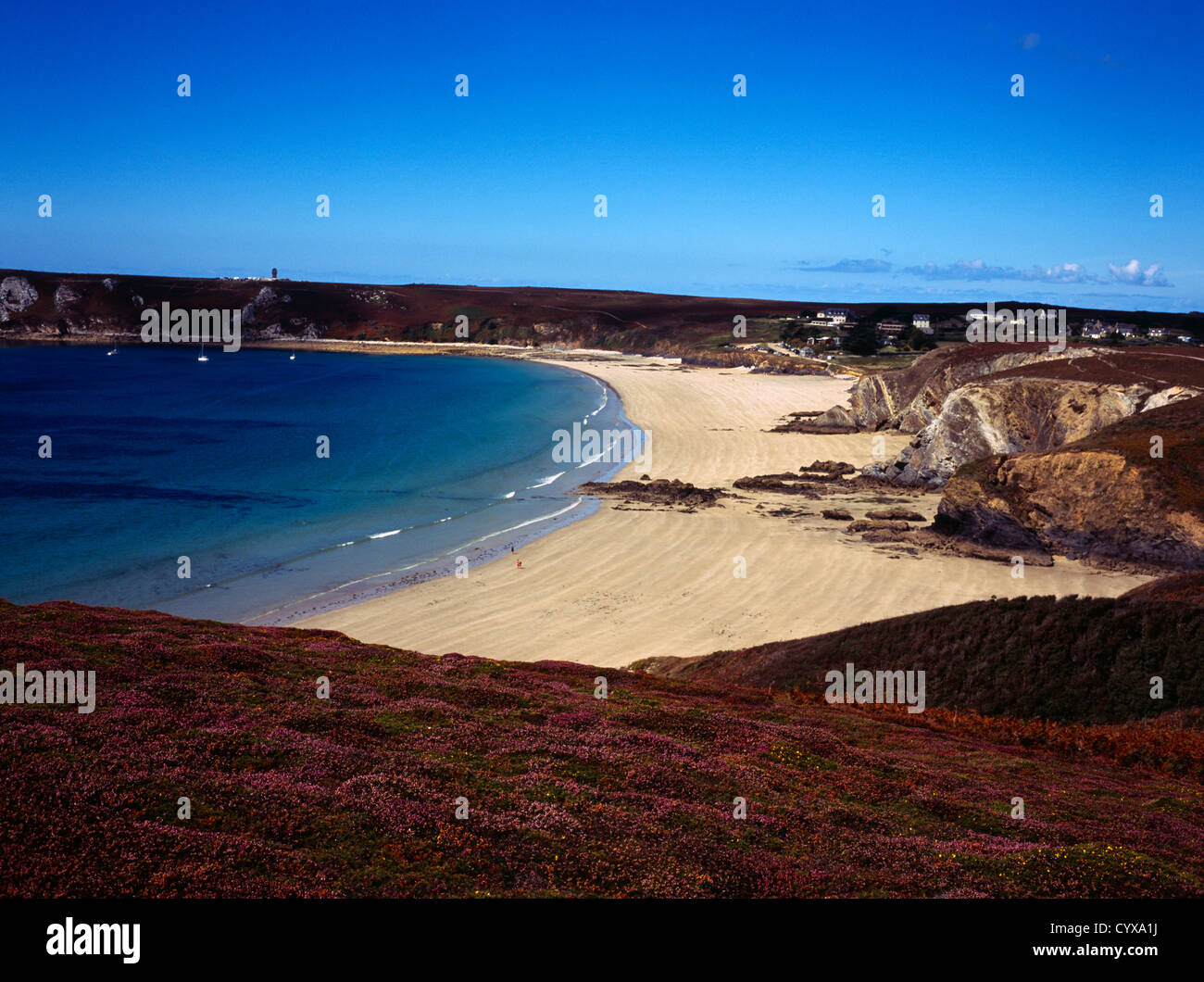 Veryach Beach Stretch of sandy beach with three figures Heather clad ...