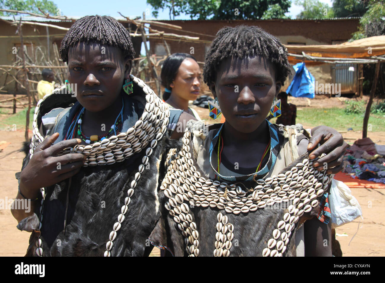 Ethiopia. Omo Valley, Bana Tribe women in shells and leather Stock ...