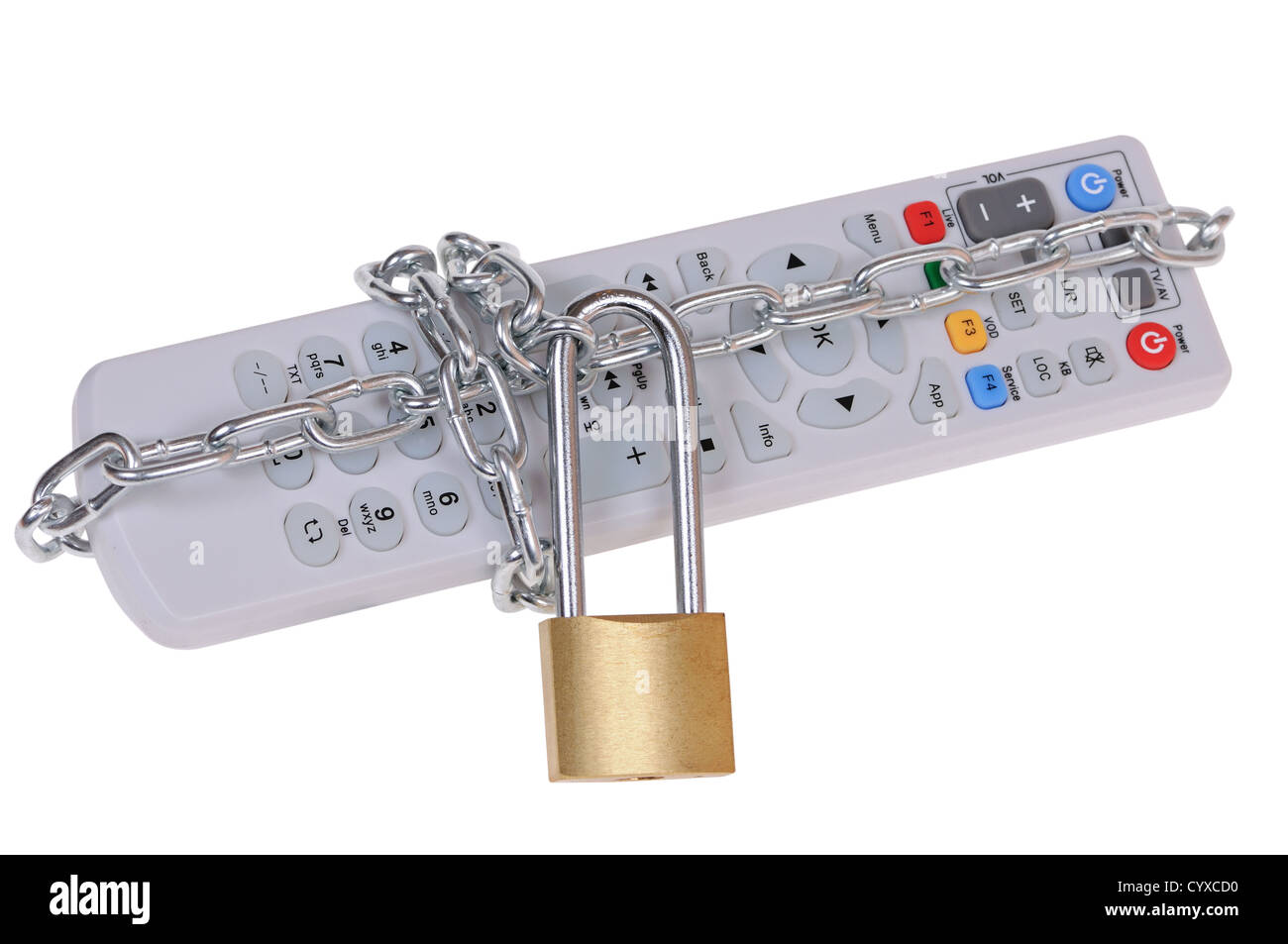 The television remote control is closed by the padlock with a chain ...
