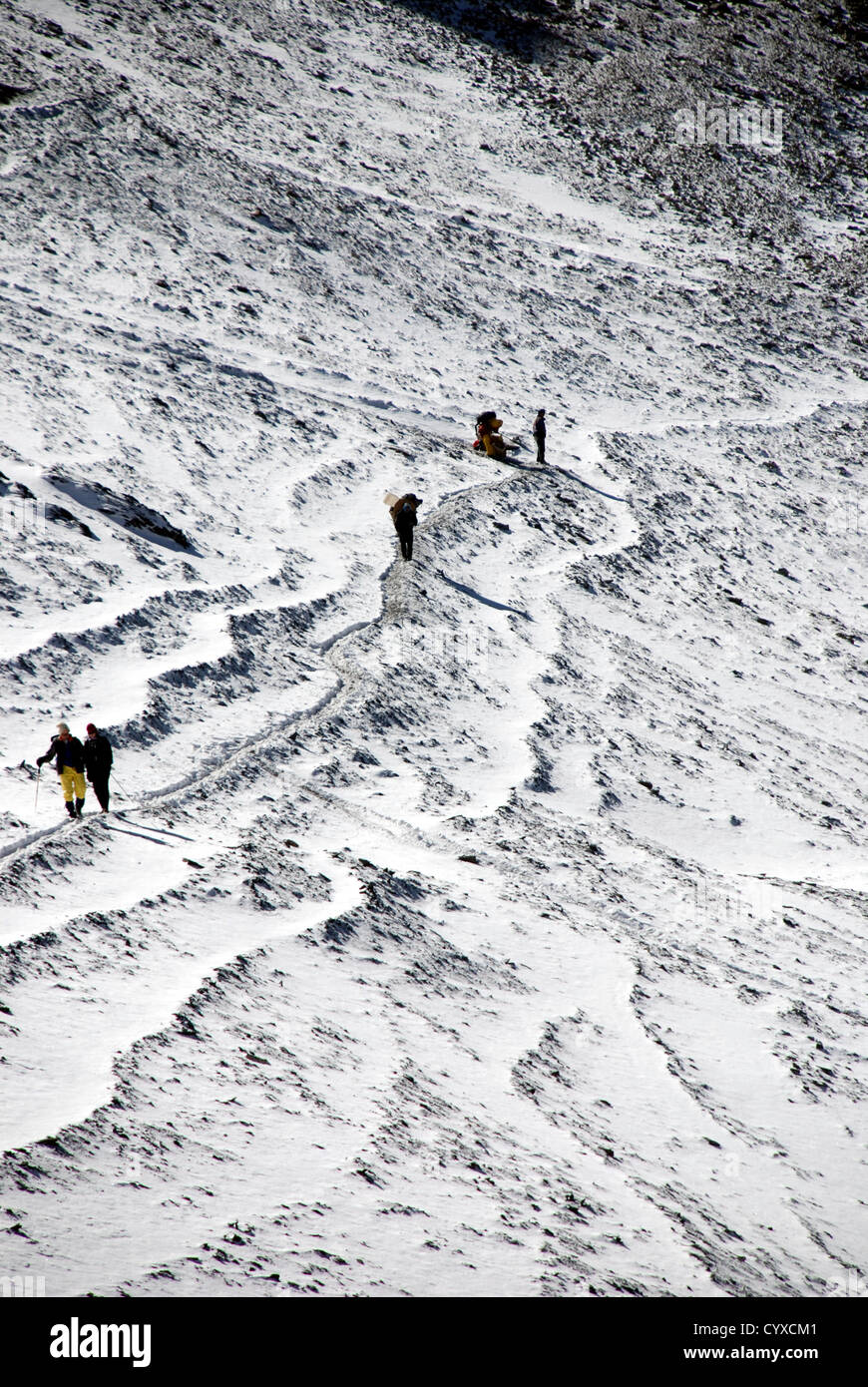 a trekking group cross the snow covered Kang La pass in the inner Dolpo ...