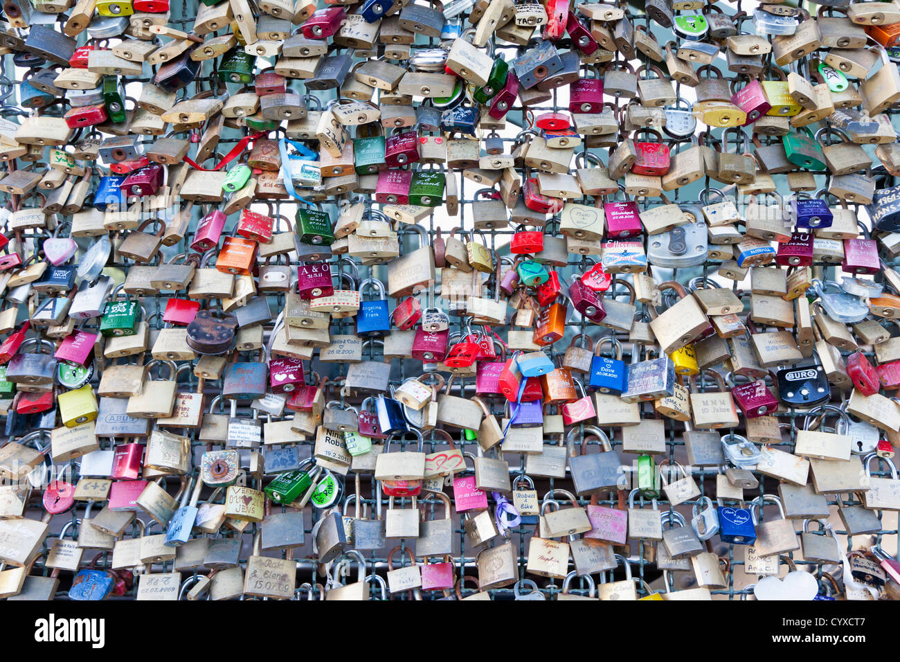 Germany, Cologne, Variety of padlocks on grid of Hohenzollern Bridge ...