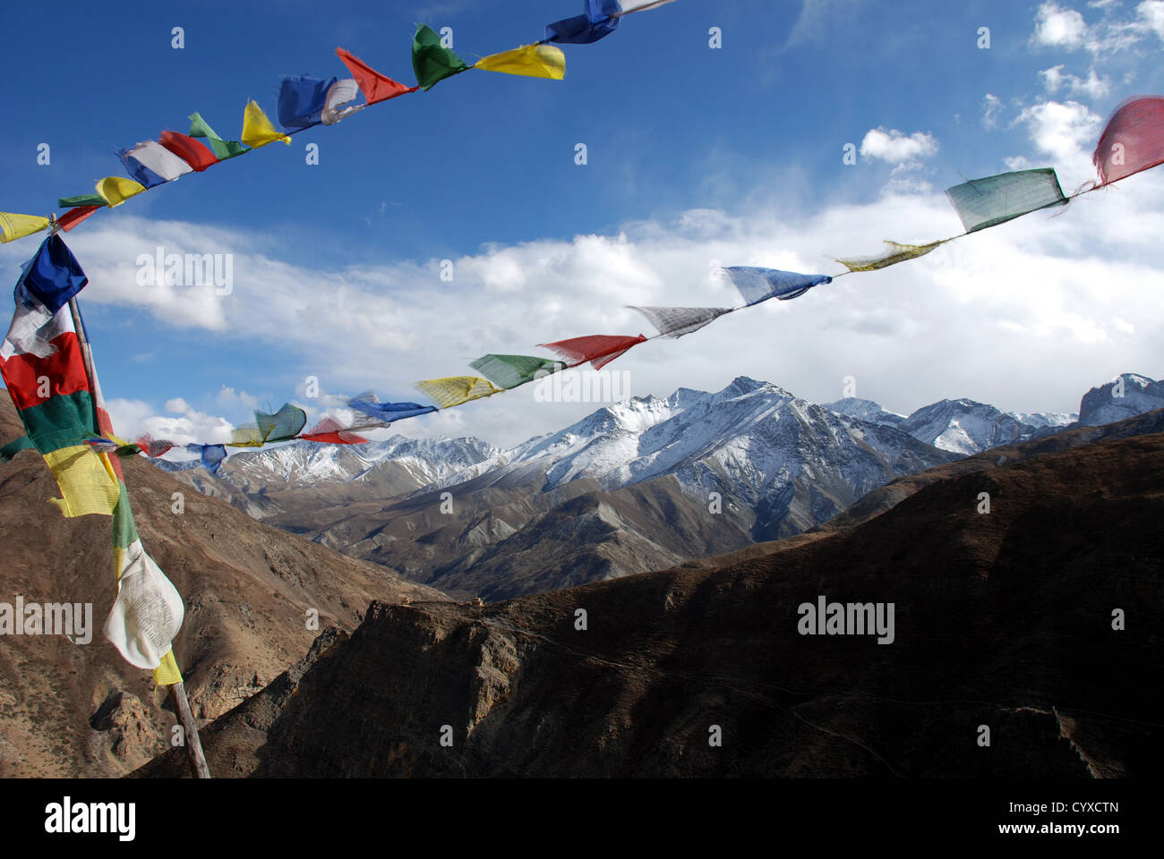 Buddhist pray flags at the top of a high pass in Inner Dolpo region of ...