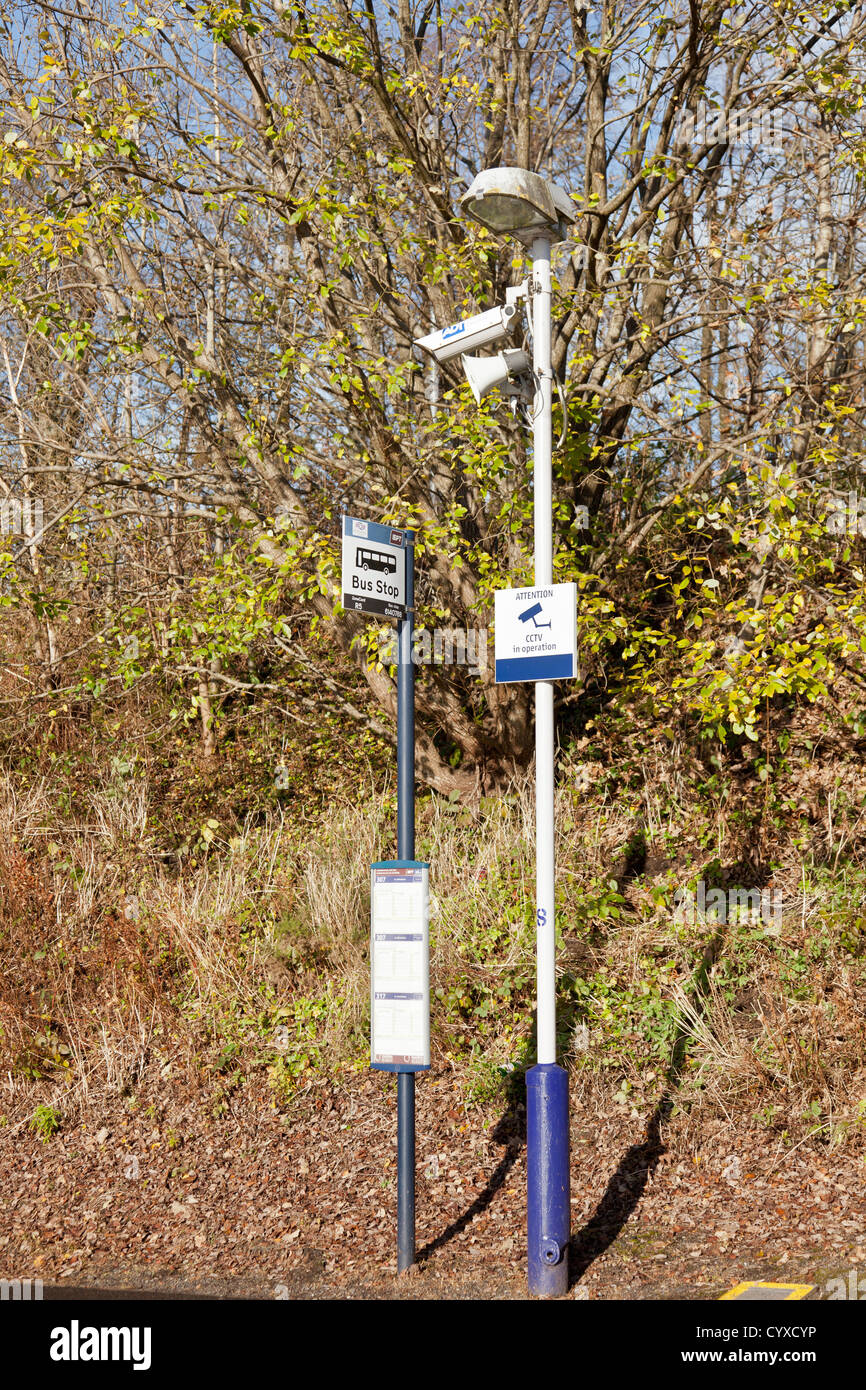 Bus Stop with timetable and lampost with streetlight and CCTV outside ...