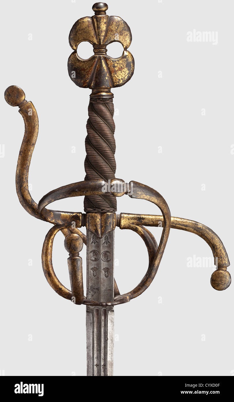 A German gold-plated rapier,circa 1580 Double-edged thrusting blade of ...