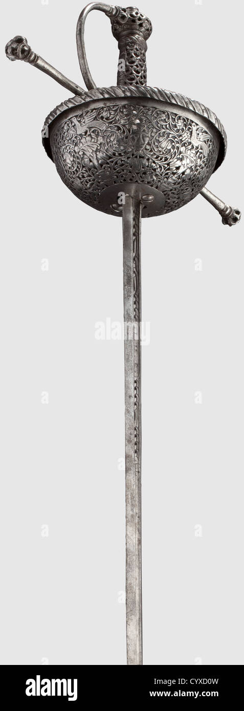 A Spanish cup-hilt rapier,circa 1650 Double-edged blade,fullered on ...