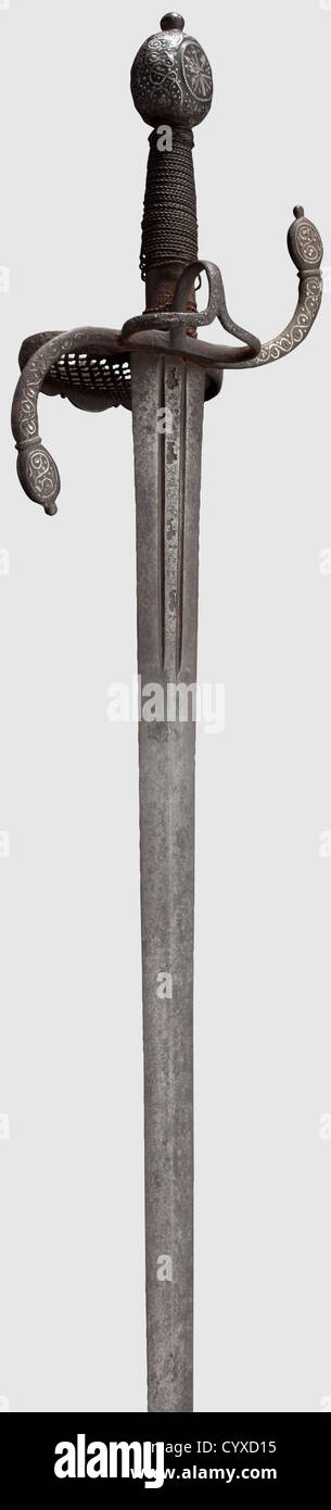 A German silver-inlaid campaign sword,circa 1630/40 Ridged,double-edged ...