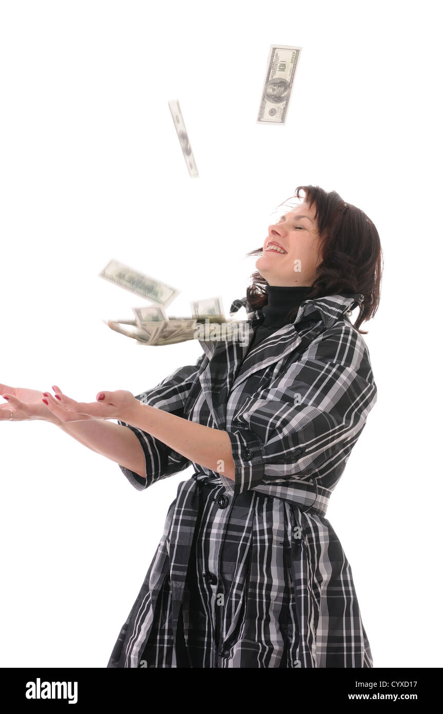 The woman catches money isolated on white background Stock Photo - Alamy